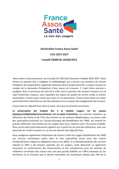 Déclaration France Assos Santé COG 2023-2027 Conseil CNAM du 26/06/2023 ...